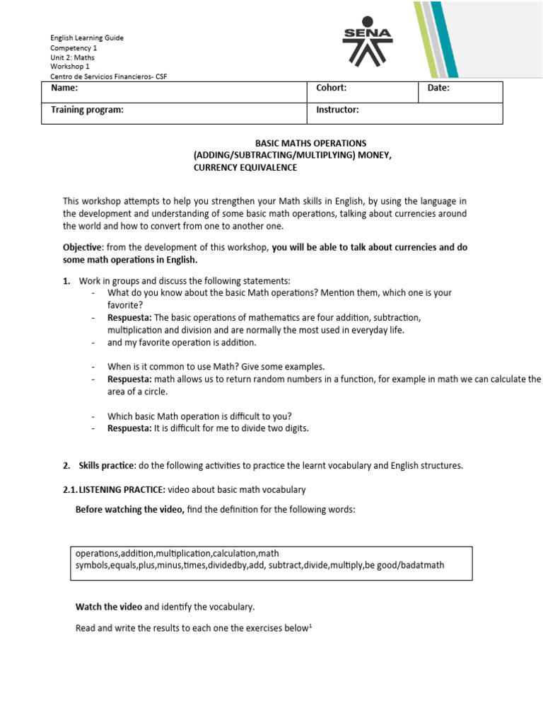 Basic Math Operations in English | PDF | United States Dollar ...
