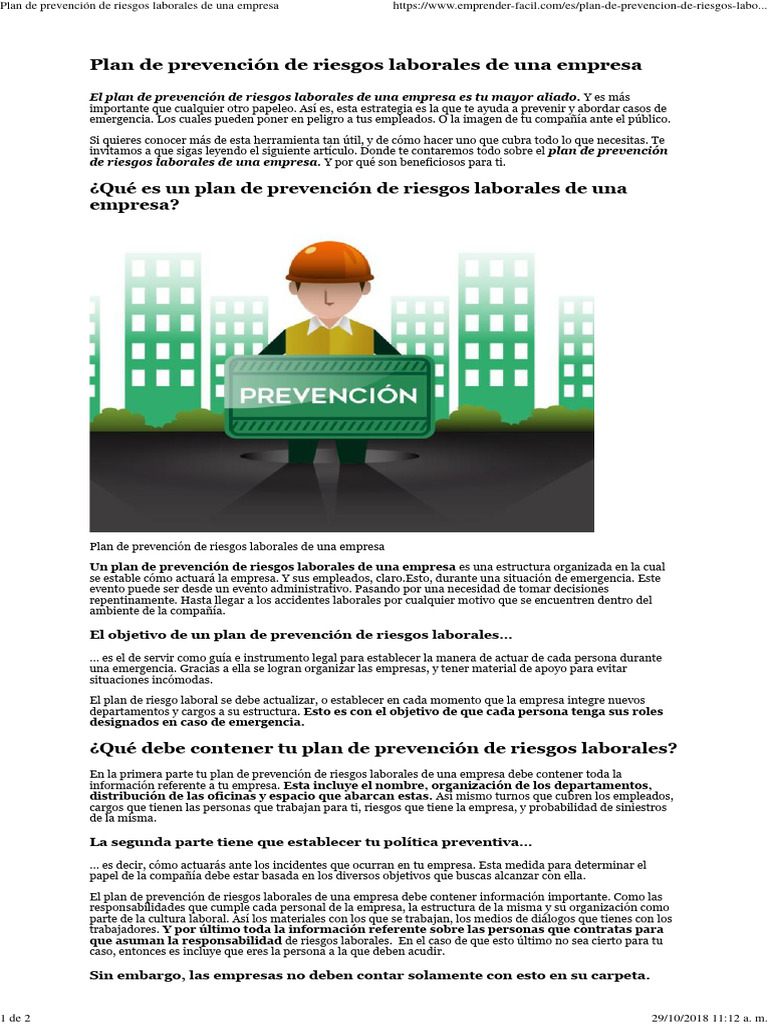 Plan de Prevención de Riesgos Laborales de Una Empresa | PDF | Business