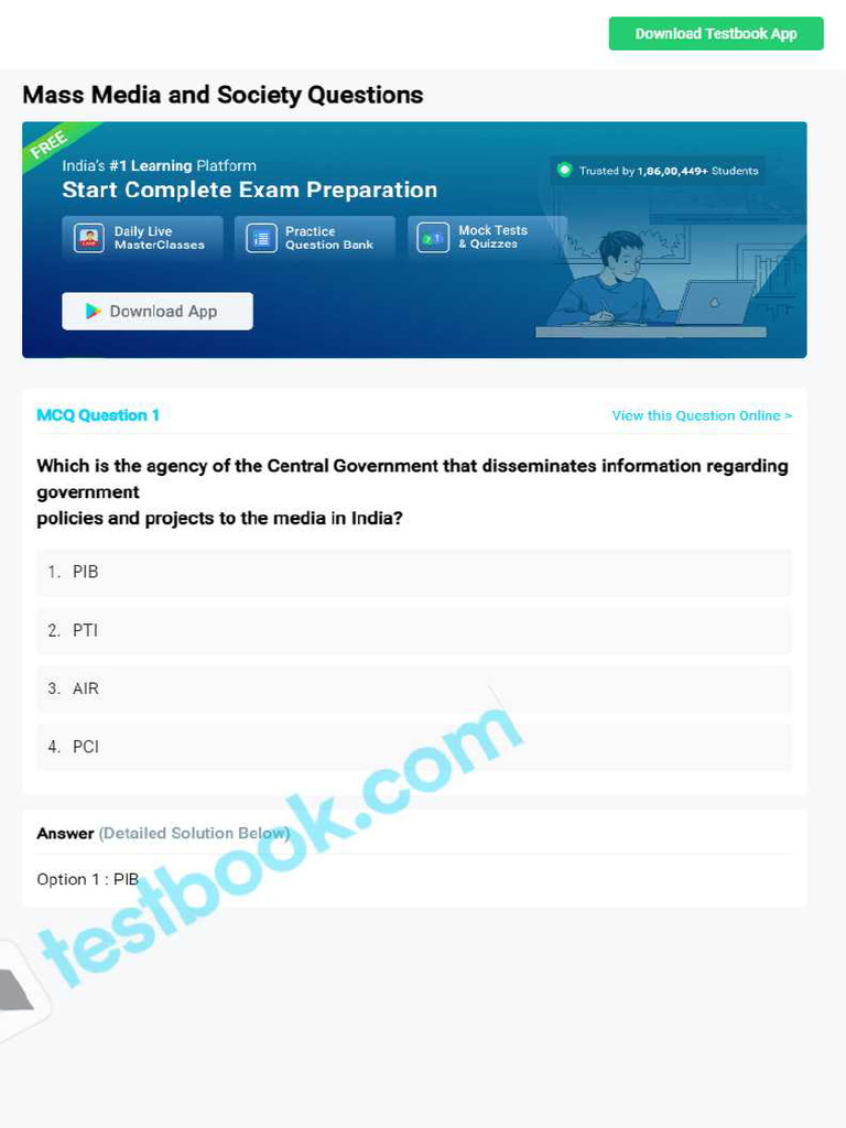MCQ On Mass Media and Society 5eea6a0839140f30f369d830 | PDF