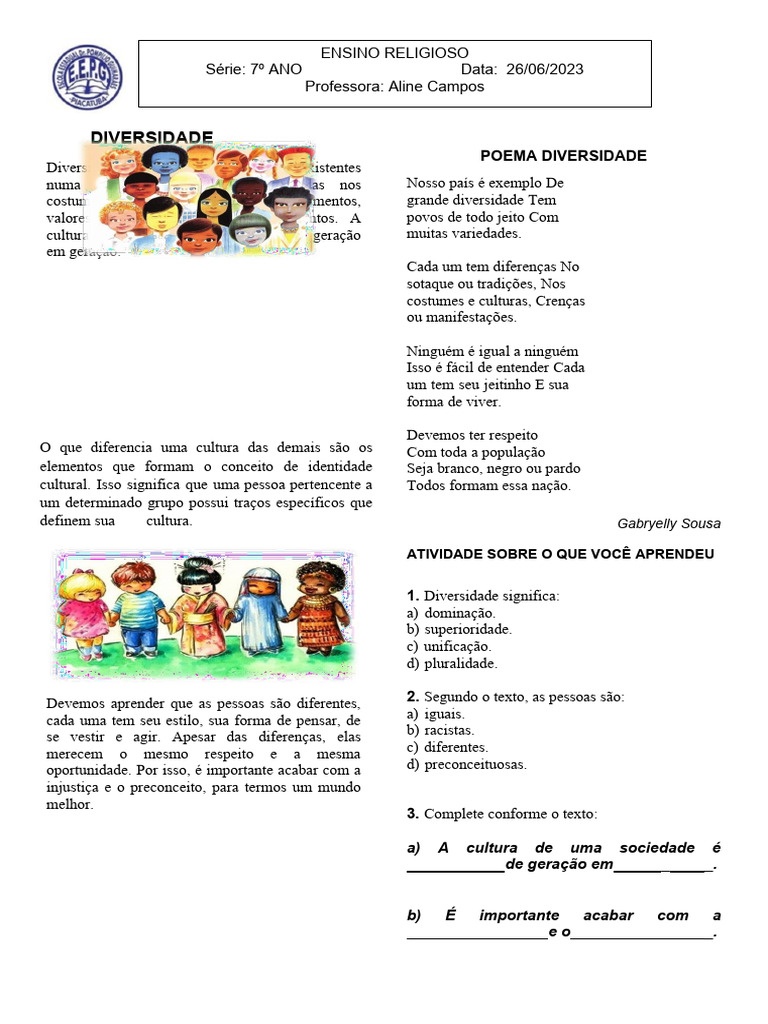 7° Ano DIVERSIDADE CULTURAL 26 06 | PDF