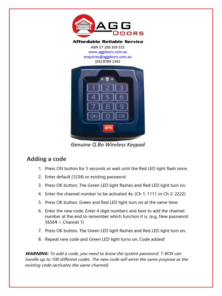 BFT Q.bo Wireless Keypad Agg1 | PDF