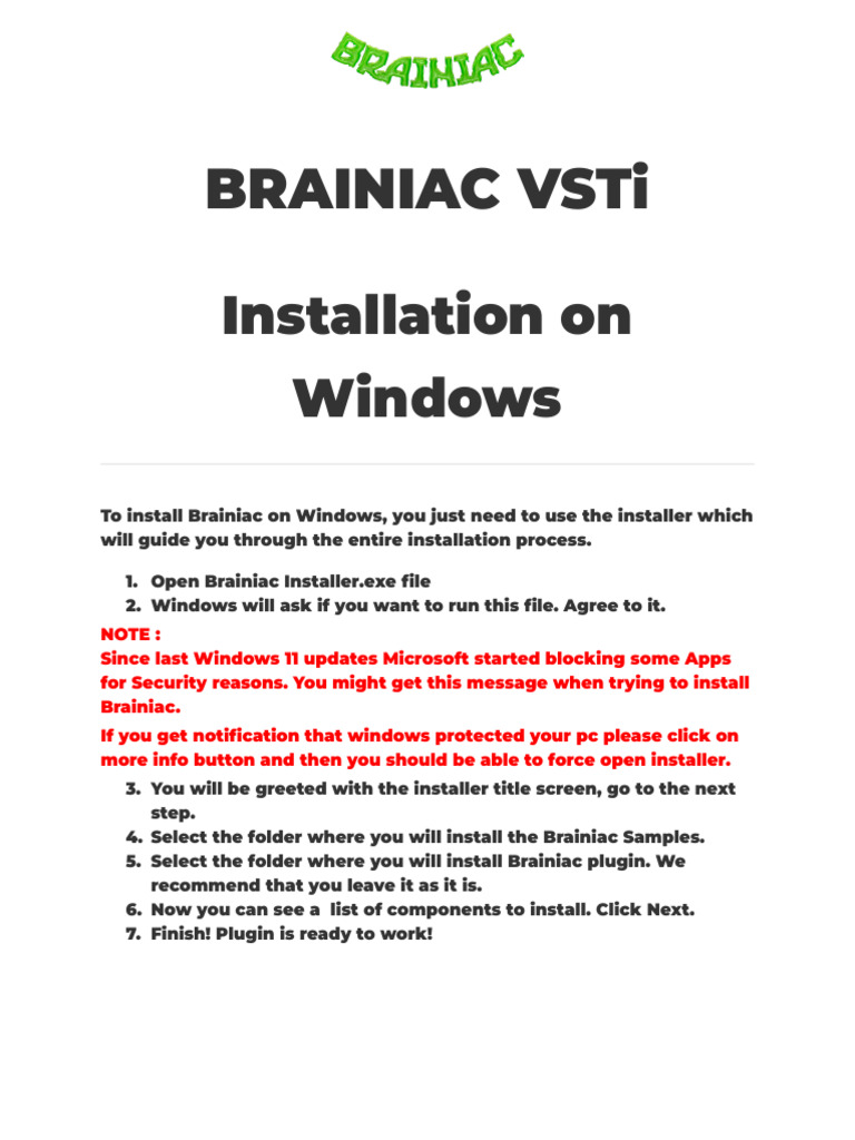 How To Install Brainiac VST | PDF | Installation (Computer Programs) | Microsoft Windows