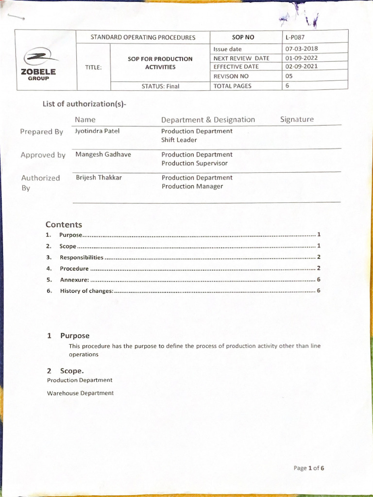 SOP For Production Activities | PDF