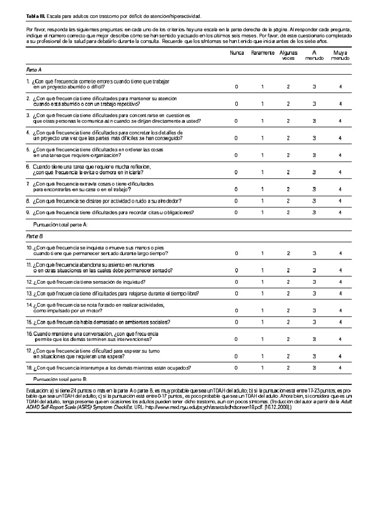 Escala Autoaplicacion EAVA Tdah Adultos | PDF