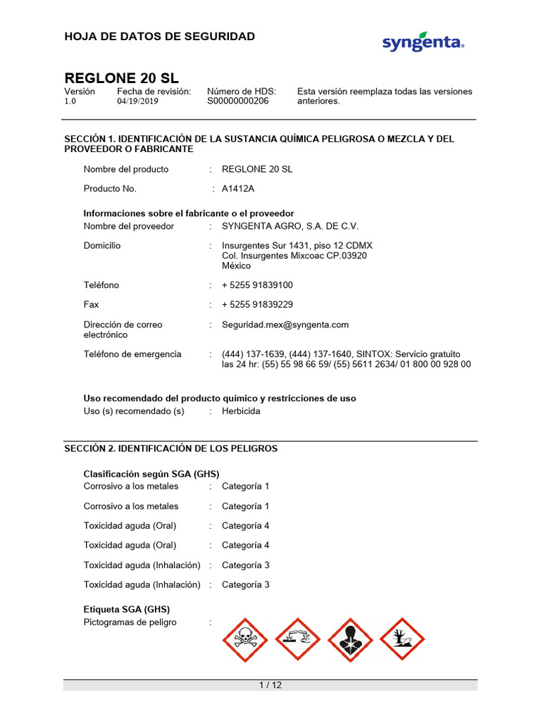 Reglone Hoja de Seguridad Syngenta | PDF