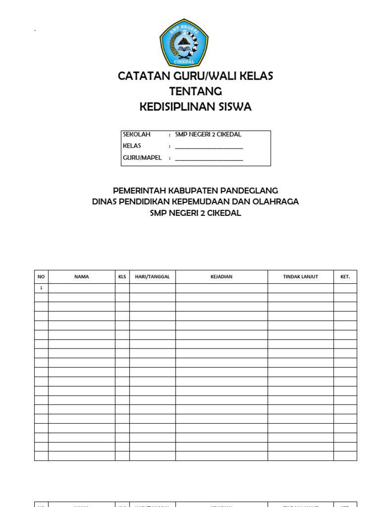 Catatan Harian Guru Wali Kelas Tentang Kedisiplinan Siswa | PDF