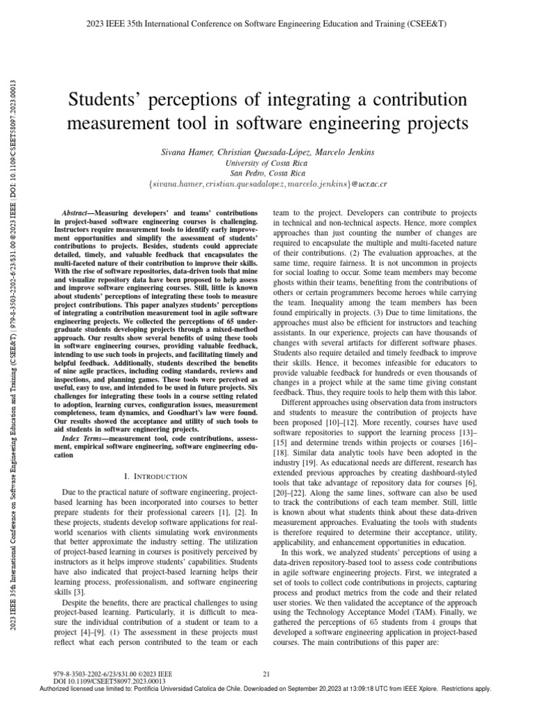 Students - Perceptions of Integrating A Contribution Measurement Tool in Software Engineering ...