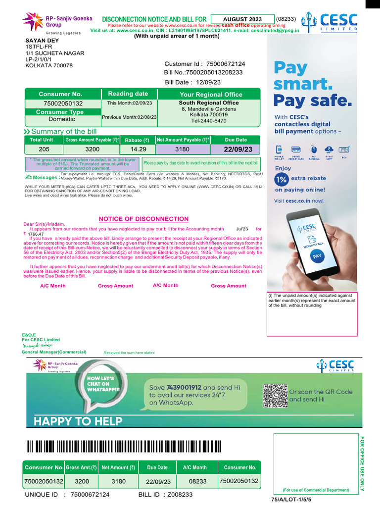 CESC Disconnection Notice and Bill | PDF | Business | Trade