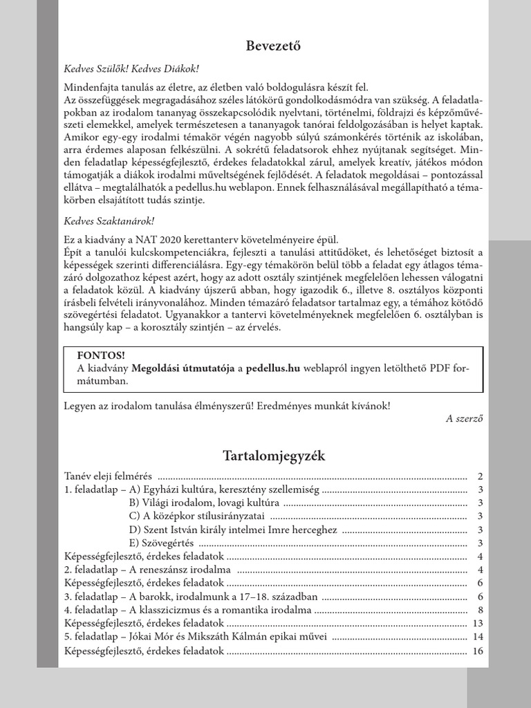 Irodalom Felmérő 7. Megoldások | PDF