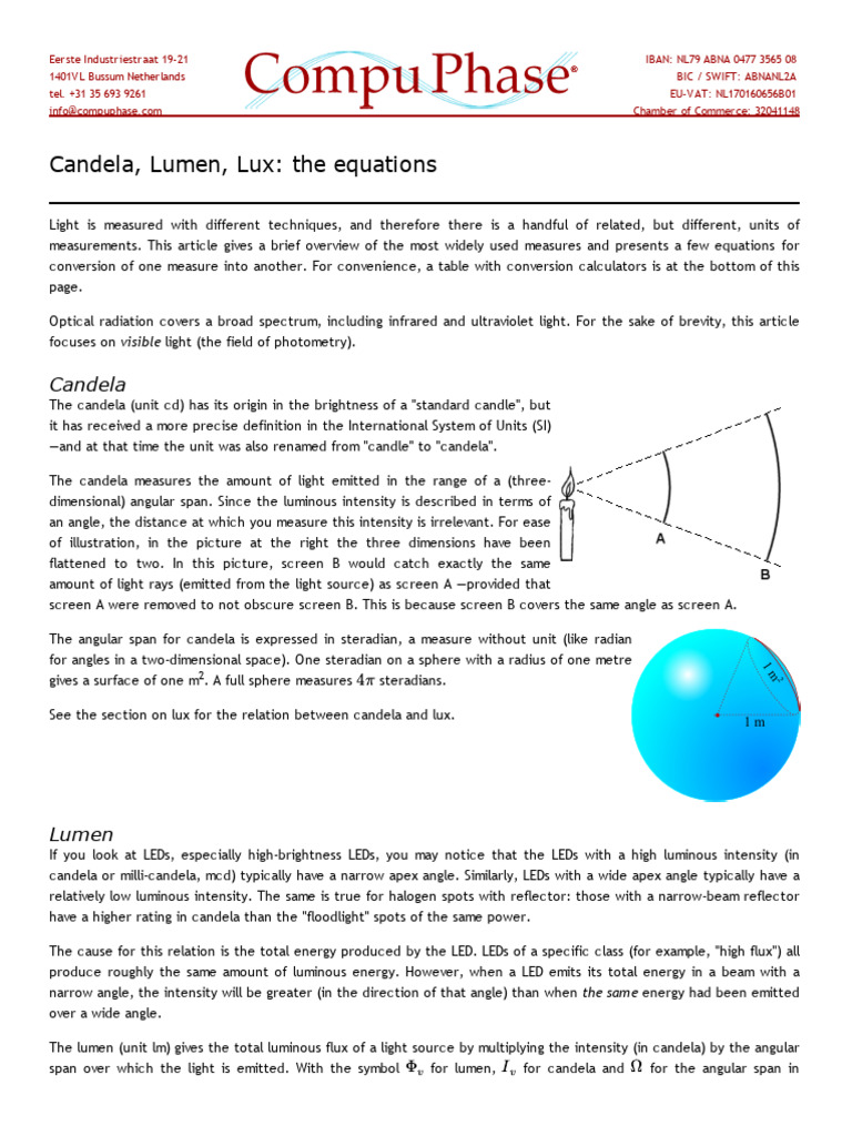 Candela, Lumen, Lux_ the Equations 4P | PDF | Lighting | Metrology