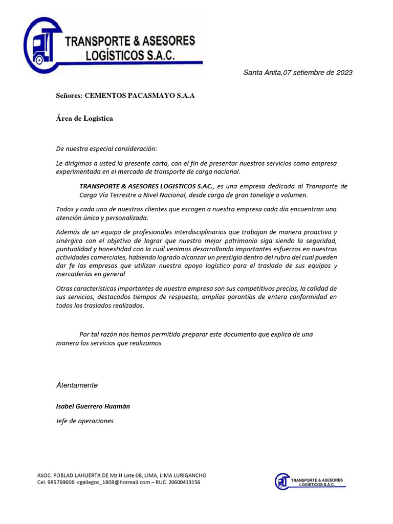 Carta de Presentación - Transporte & Asesores Logisticos S.A.C - JRM | PDF