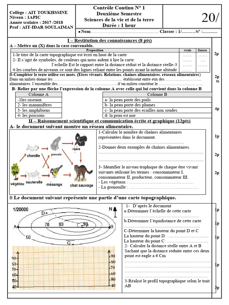 Devoir N1 SVT 1AC Semestre 2 Modele 1 | PDF | Réseau trophique