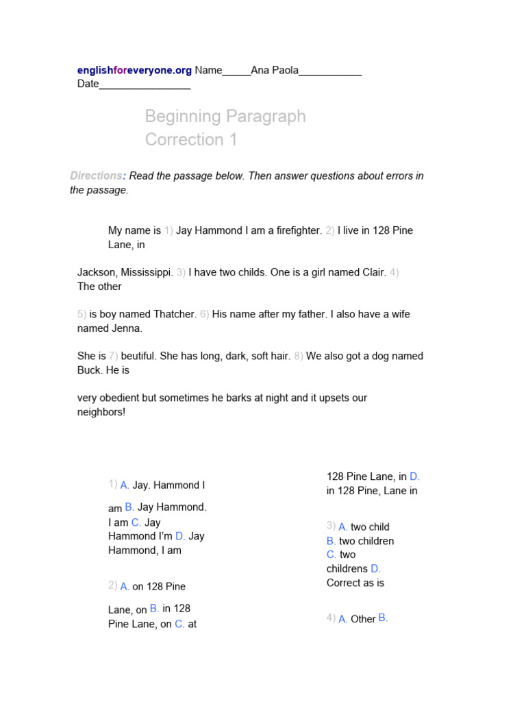 Beginning Paragraph Correction Worksheet | PDF