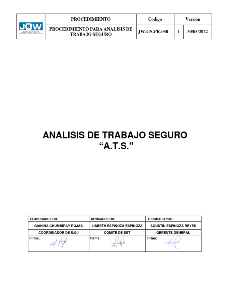 JW-GS-PR-050 - Procedimiento de Analisis de Trabajo Seguro | PDF
