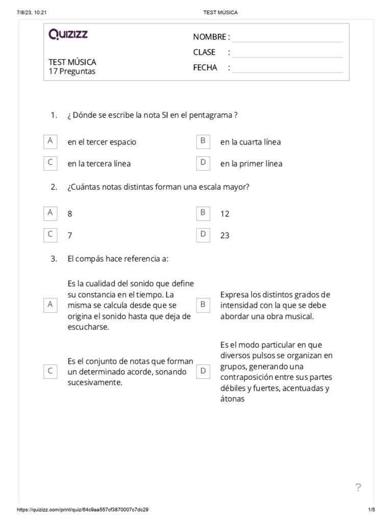Test de Música: Preguntas y Respuestas | PDF | Ritmo | Escala (música)
