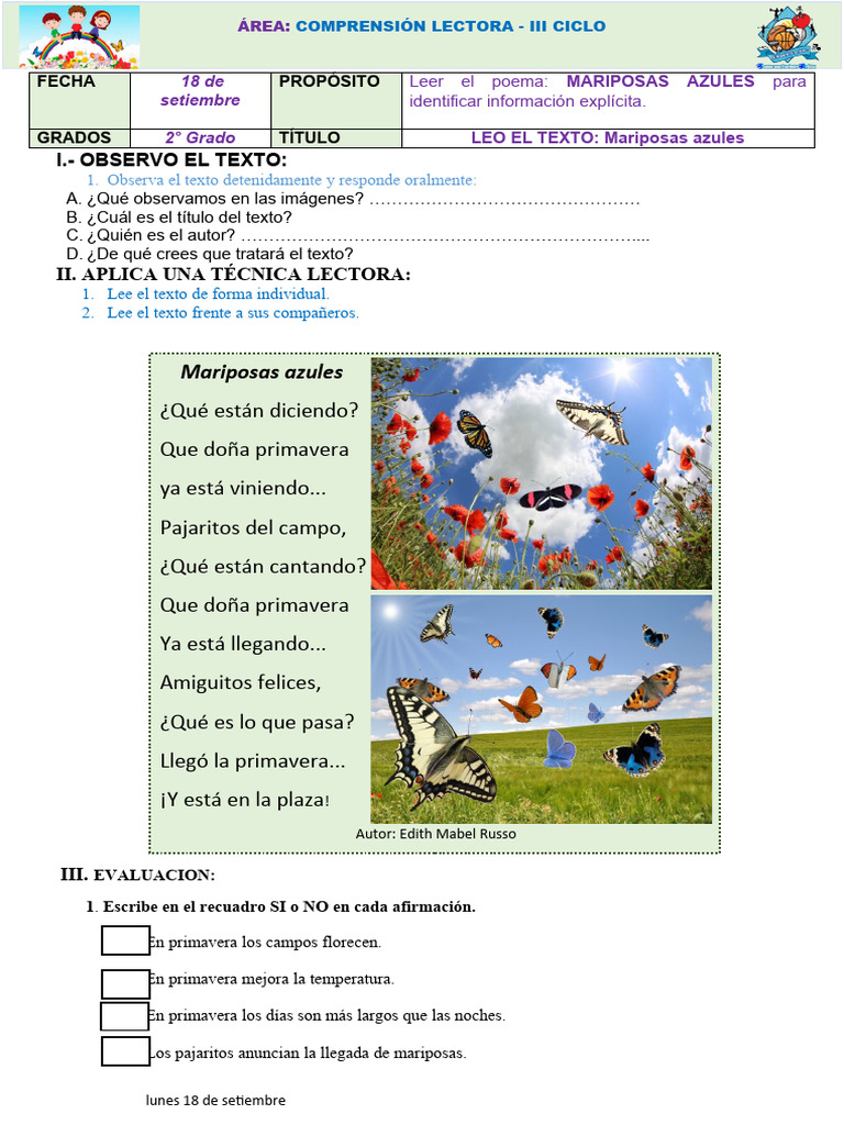Comprensión Lectora: Mariposas Azules | PDF | Temporada de primavera)