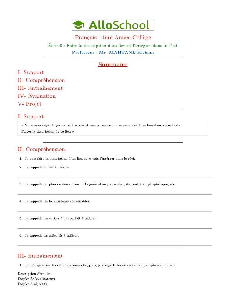 Ecrit 9 Faire La Description D Un Lieu Et L Integrer Dans Le Recit 2 | PDF