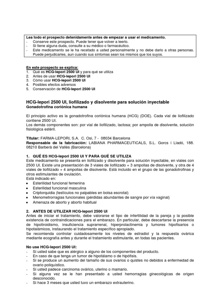 Uso y Precauciones de HCG-lepori 2500 UI | PDF | Gonadotropina ...