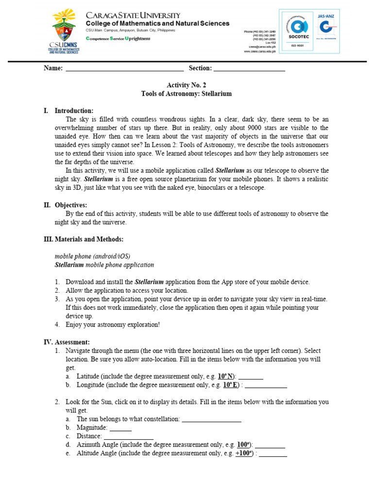 Activity 2 Tools of Astronomy | PDF | Mobile App | Night Sky