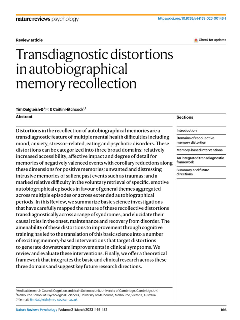 Dalgleish and Hitchcock Transdaignostic Distortions in AM | PDF ...