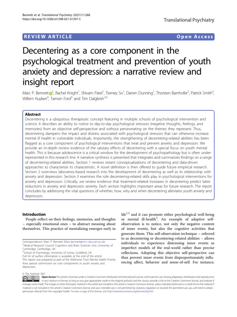 Bennett Et Al Decentering | PDF | Cognitive Behavioral Therapy | Thought