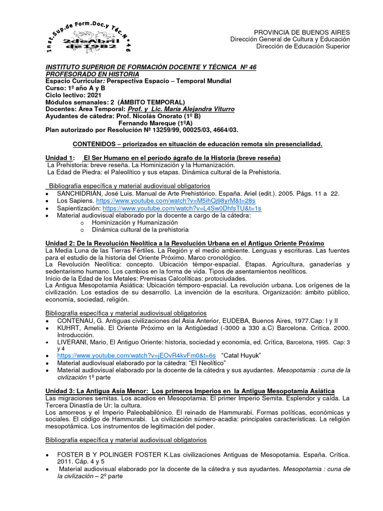 2021 - Perspectiva Espacio Temporal I - His - 1ro A y B - Viturro | PDF