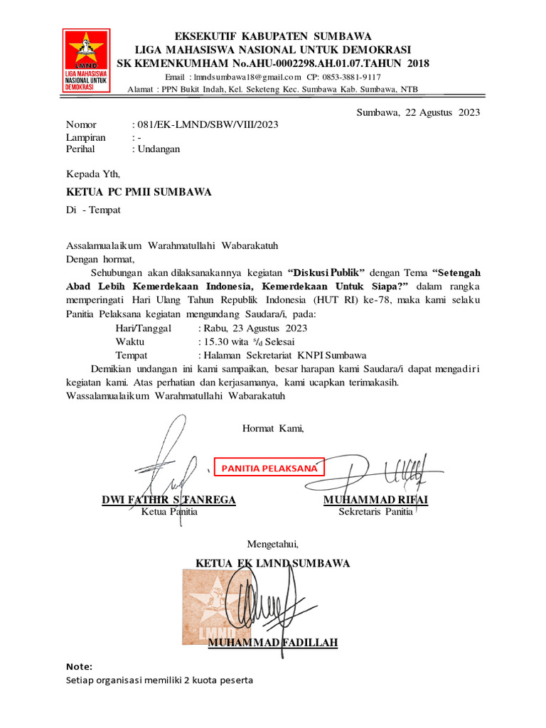 Undangan Ketua PC Pmii Sumbawa | PDF