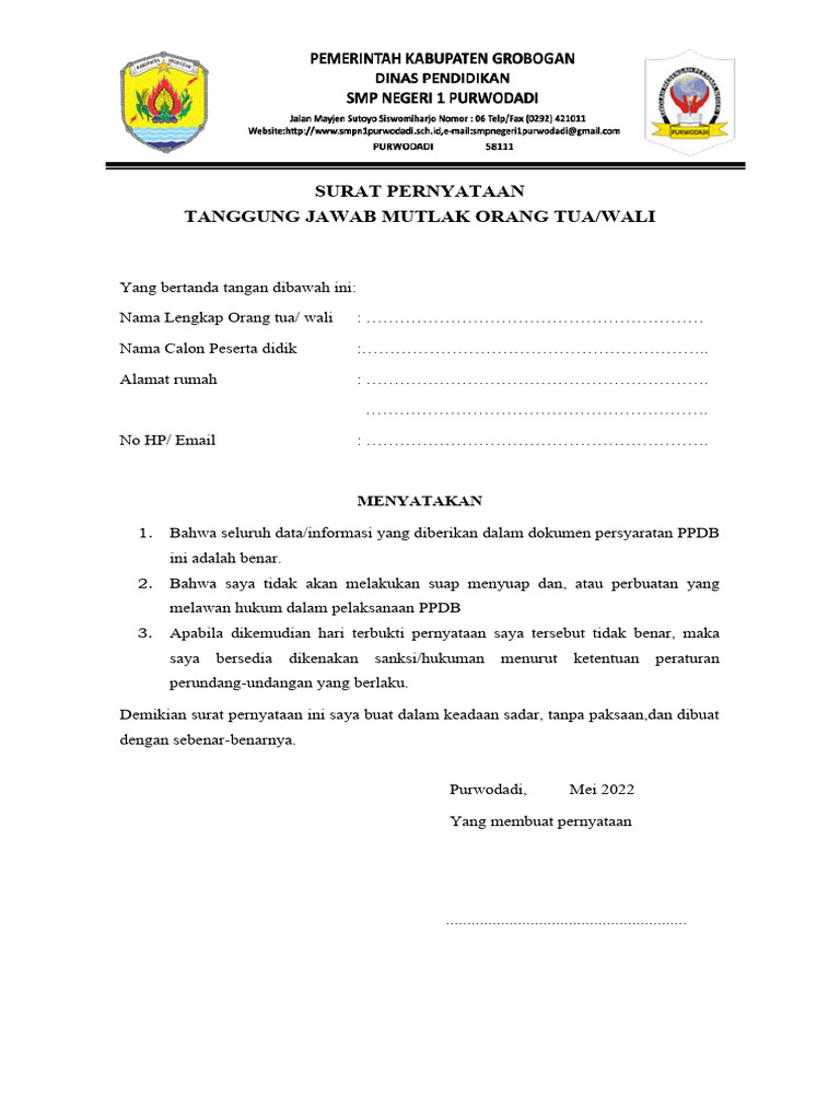 Surat Pernyataan Tanggung Jawab Mutlak Orang Tua | PDF Surat Pernyataan Tanggung Jawab Mutlak Orang Tua | PDF