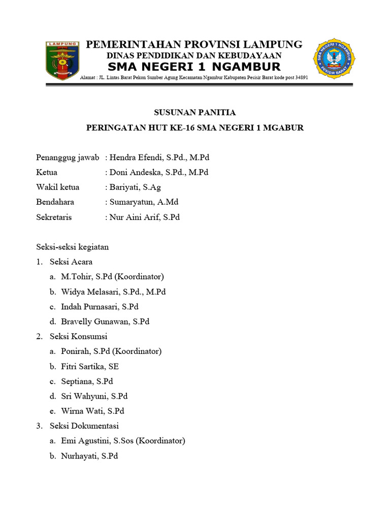 Susunan Panitia HUT SMA | PDF