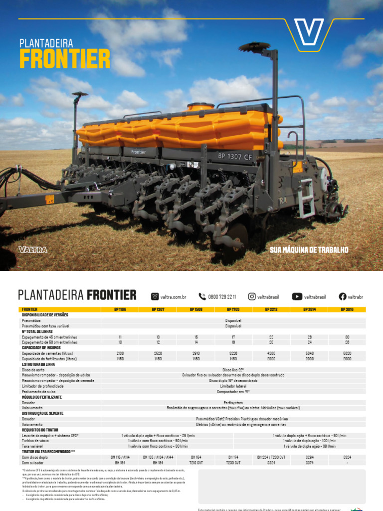 Plantadeira Frontier: Especificações e Modelos | PDF | Trator