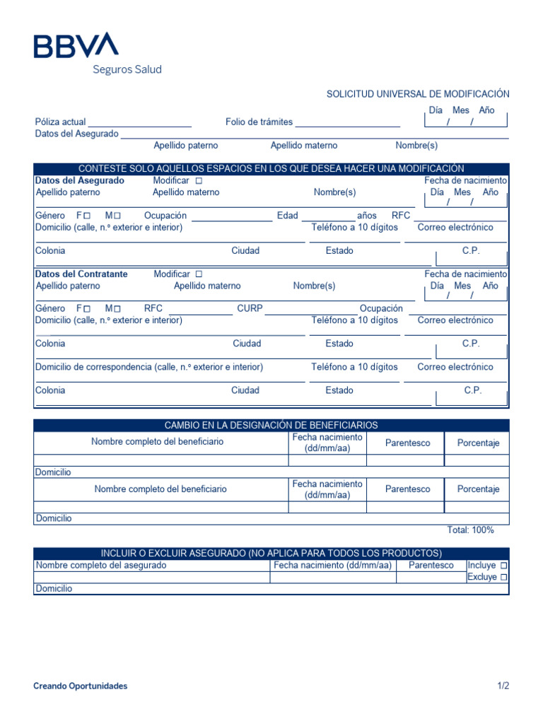 Formato Universal Cambios Seguro Salud | PDF | Póliza de seguros | Seguro