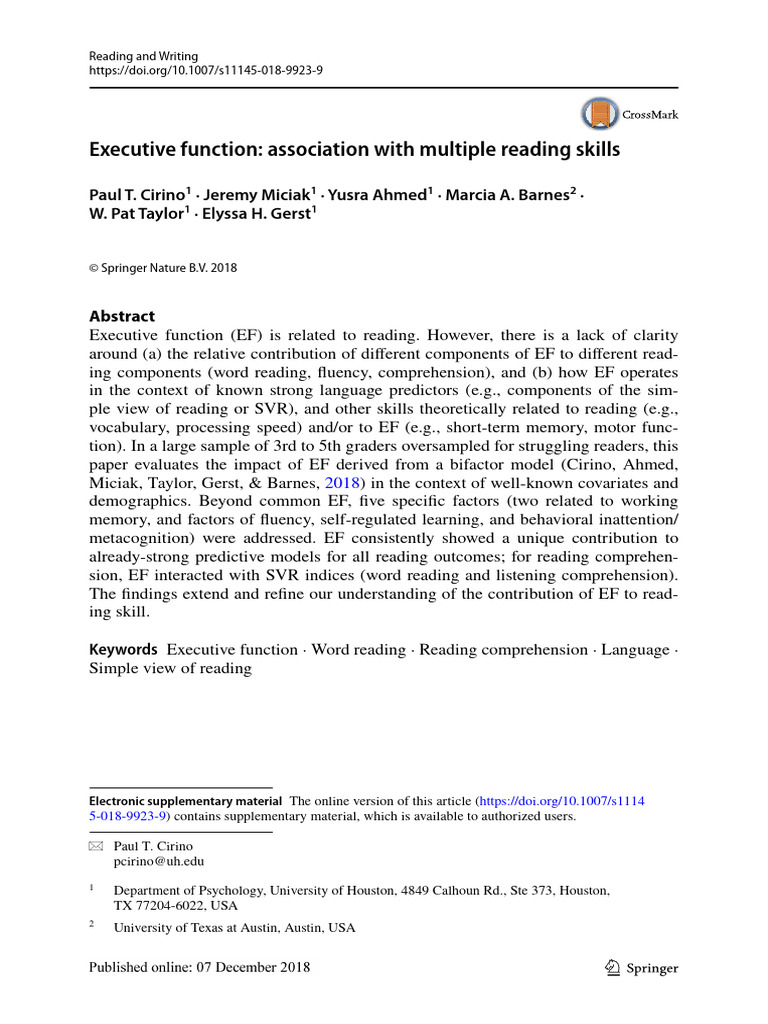 Executive Function: Association With Multiple Reading Skill | PDF | Executive Functions ...