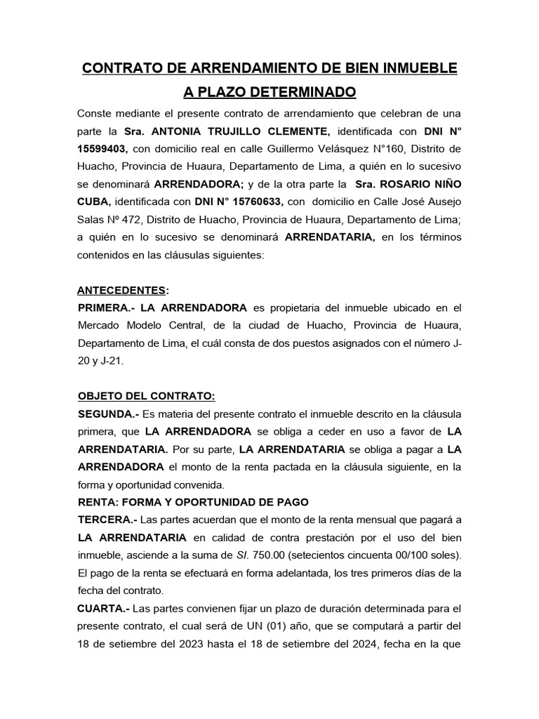 Contrato de Arrendamiento de Bien Inmueble A Plazo Determinado | PDF | Justicia | Crimen y violencia