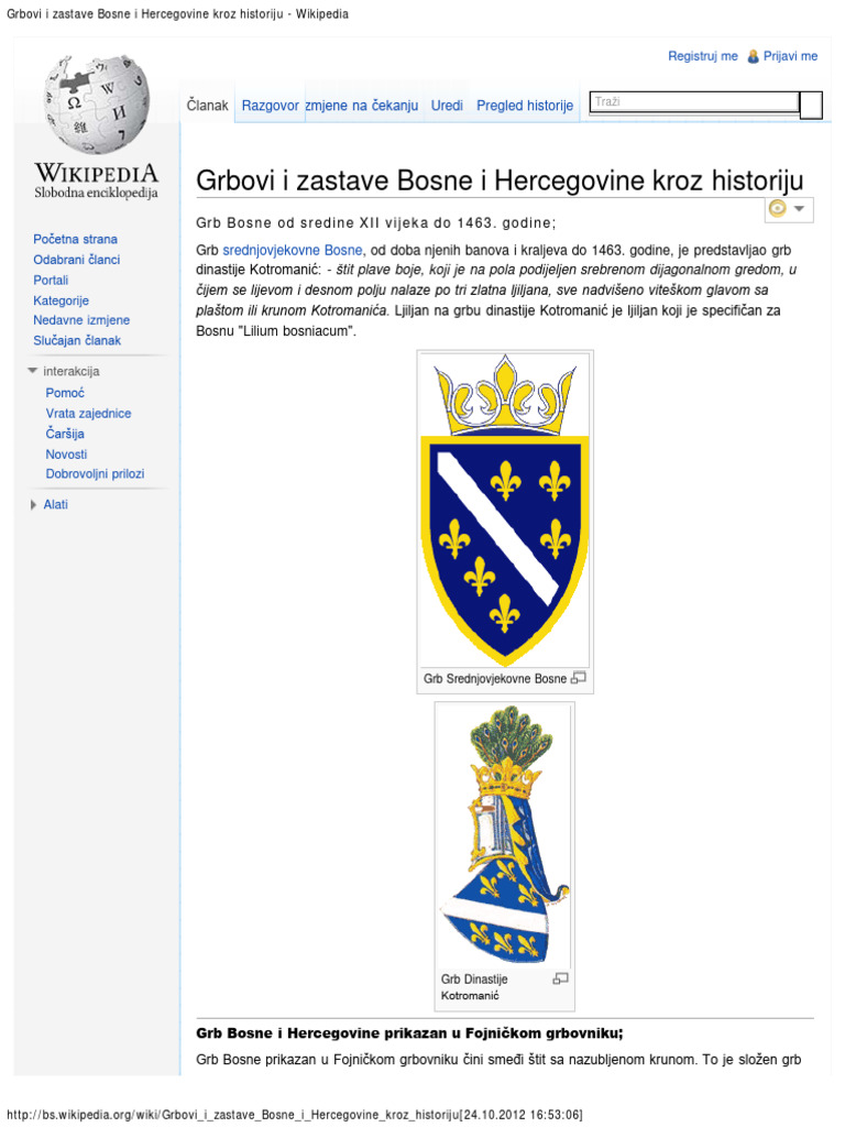 Grbovi I Zastave Bosne I Hercegovine Kroz Historiju - Wikipedia | PDF