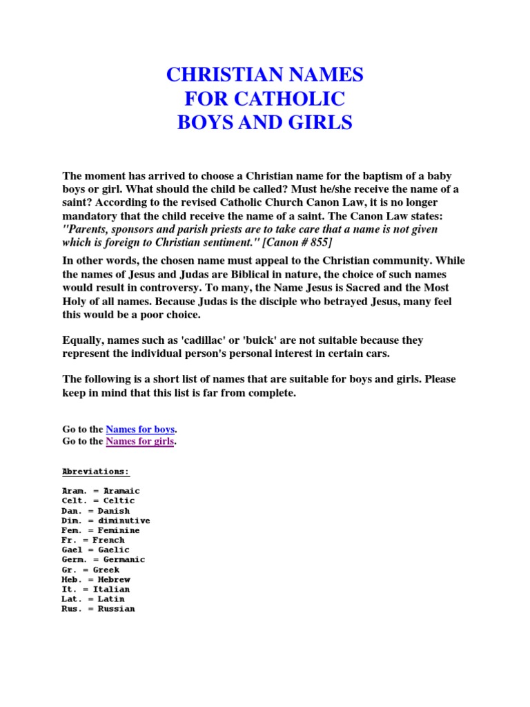Christian Names For Catholic Boys and Girls | PDF | History