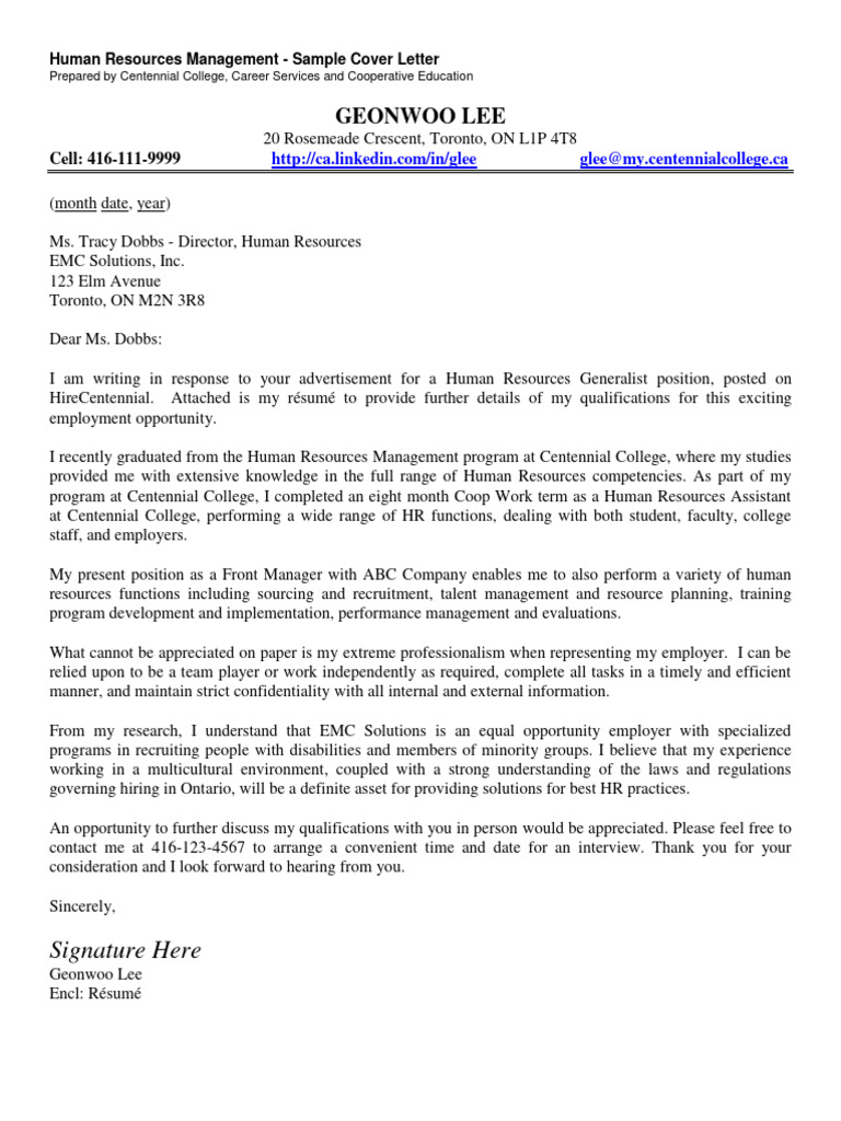 Human Resource Management Cover Letter | PDF | Human Resource ...