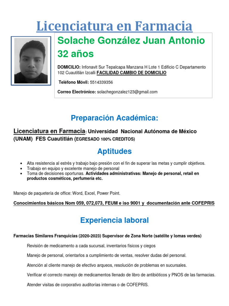 C.V 2023 Juan | PDF | Farmacia | Cuidado de la salud