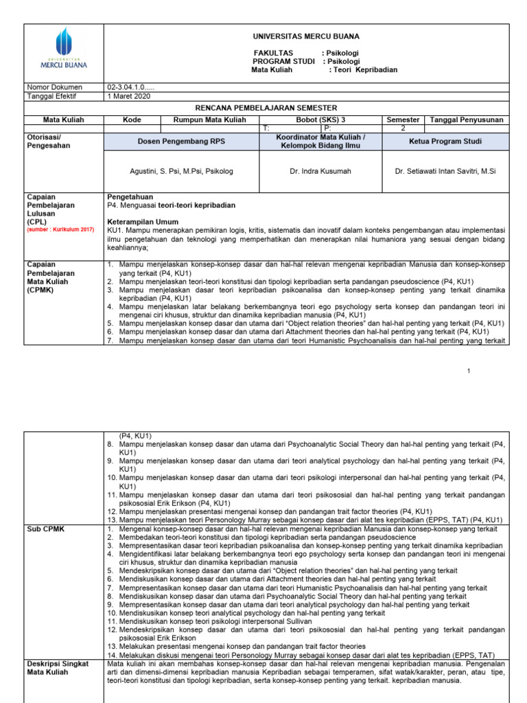 Template RPS OBE Teori Kepribadian 02092021 - Indra Kusumah | PDF
