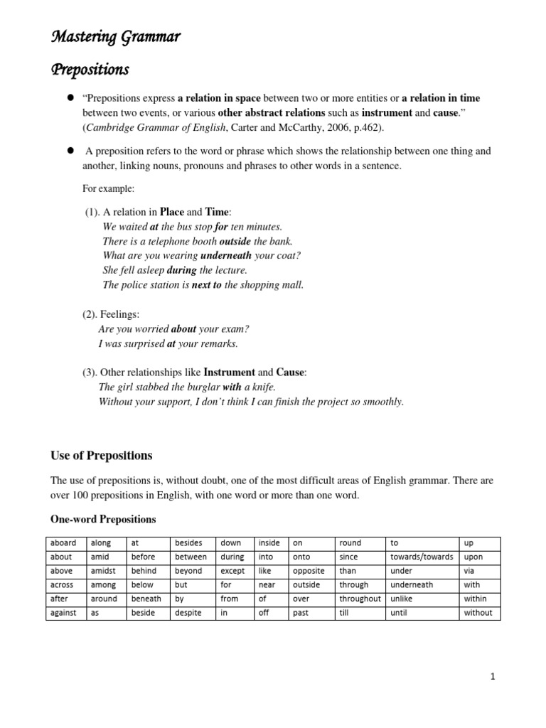 Mastering Grammar Prepositions Use of PR | PDF | Foreign Language Studies