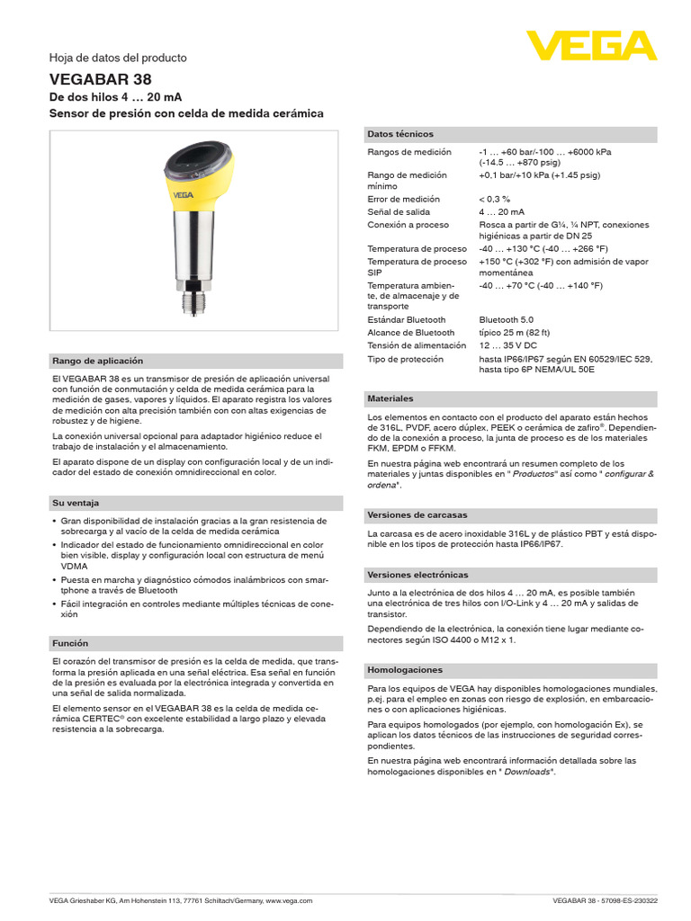 VEGABAR 38 de Dos Hilos 4 20 Ma | PDF | Metrología | Presión