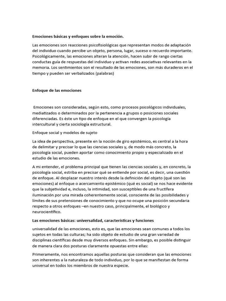 Emociones Básicas Y Enfoques Sobre La Emoción Pdf Las Emociones
