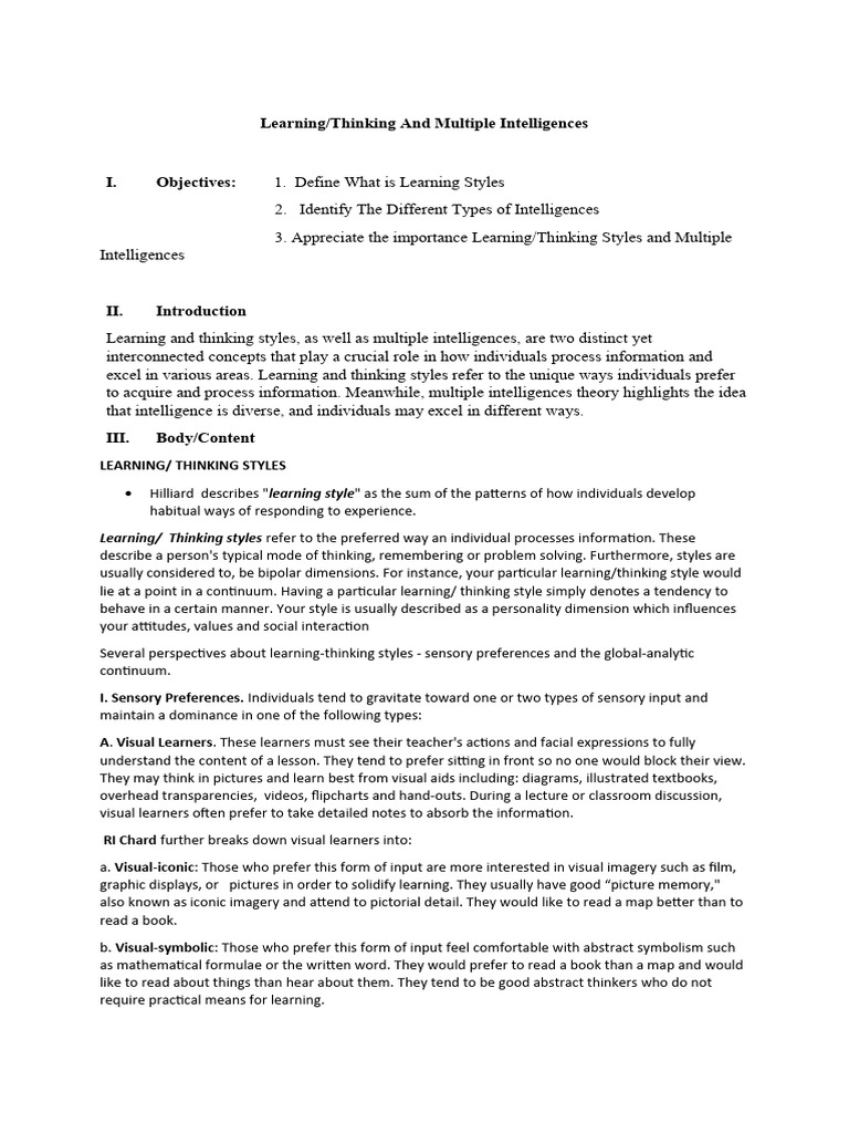 Learning Thinking and Multiple Intelligences | PDF | Intelligence | Thought