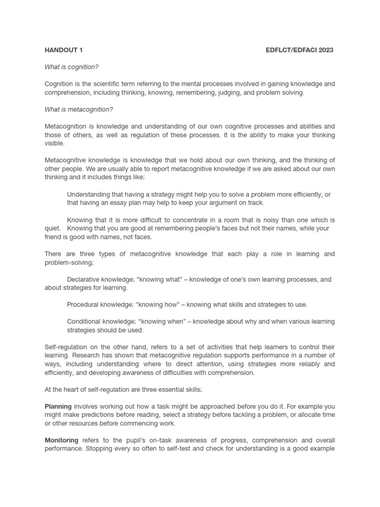 Handout 1 Edflct | PDF | Metacognition | Learning