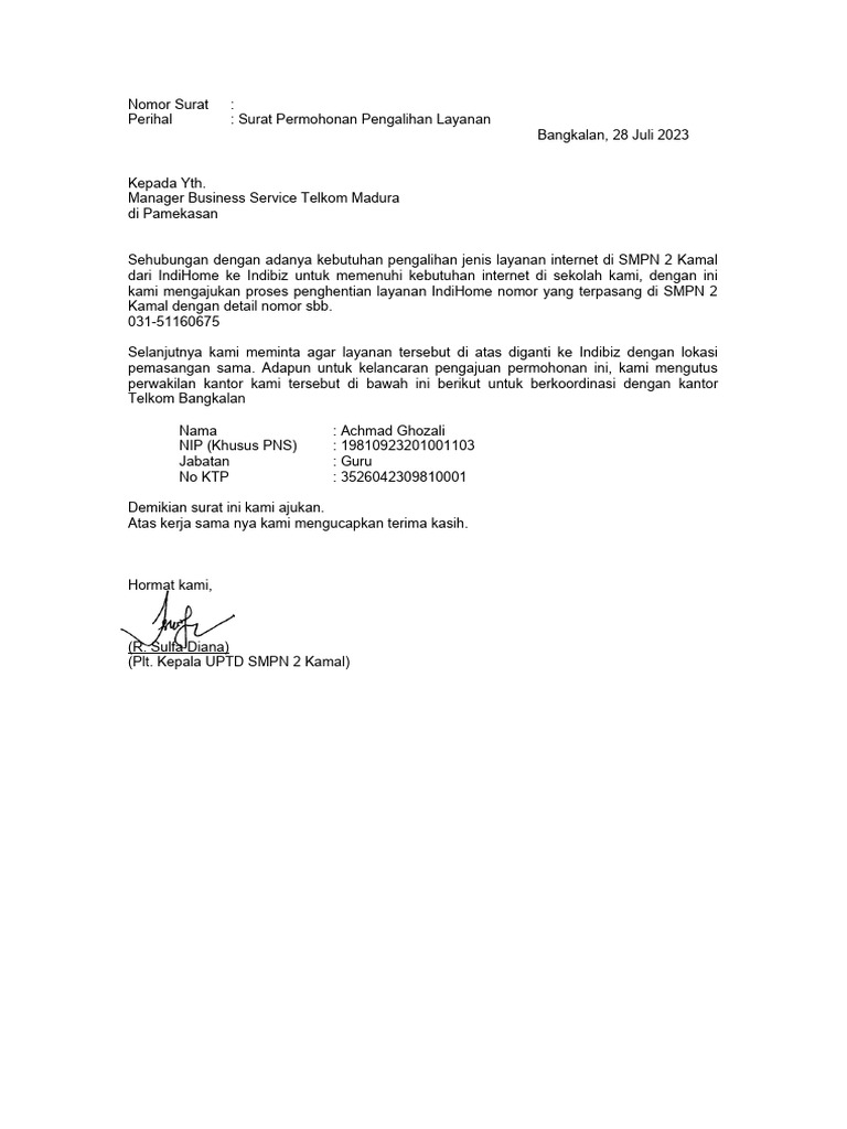 Surat Permohonan Pengalihan Layanan | PDF