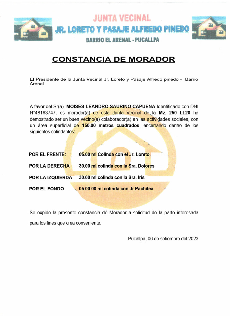 Constancia de Morador Junta Vecinal | PDF