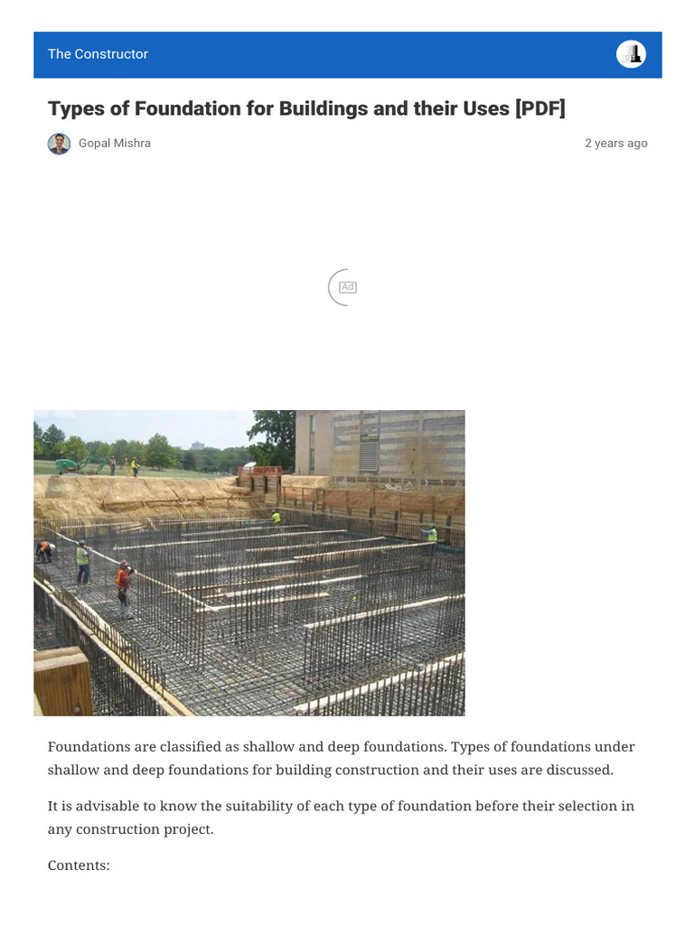 Types of Foundation For Buildings and Their Uses (PDF) : The Constructor | PDF | Deep Foundation ...
