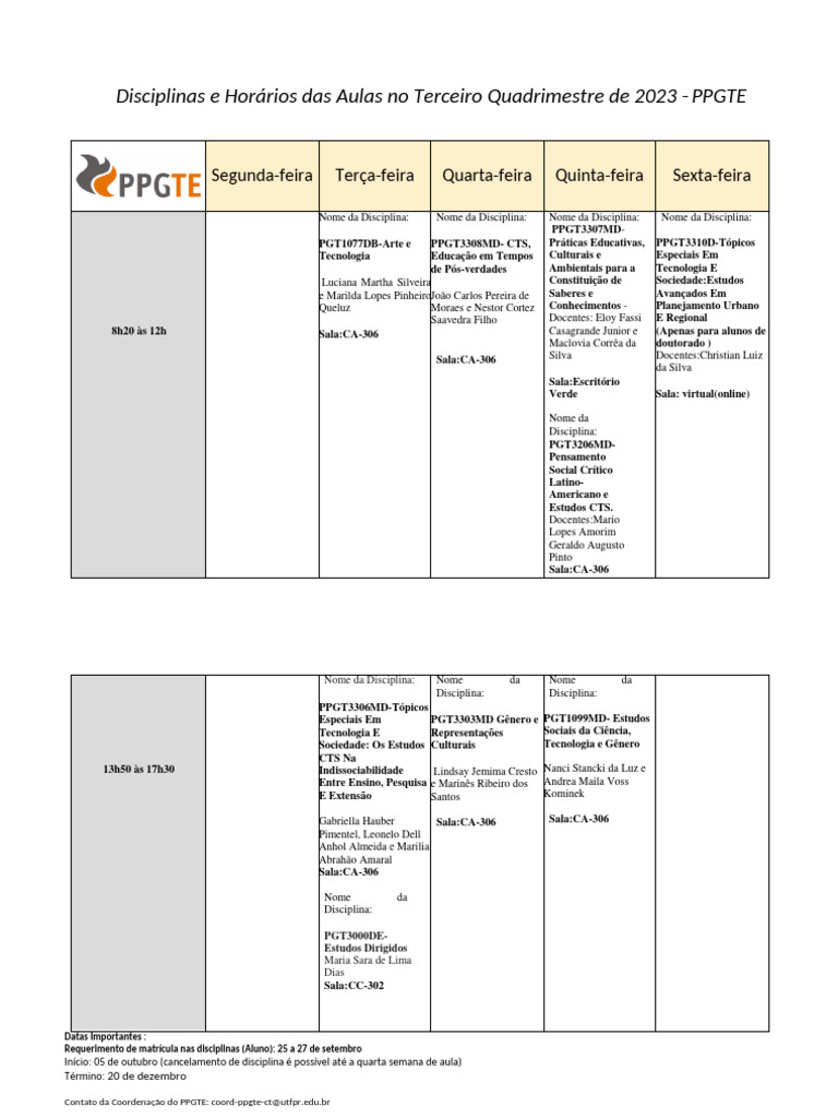 Horario Das Aulas No Terceiro Quadrimestre 2023 Ppgte - Corrigido | PDF