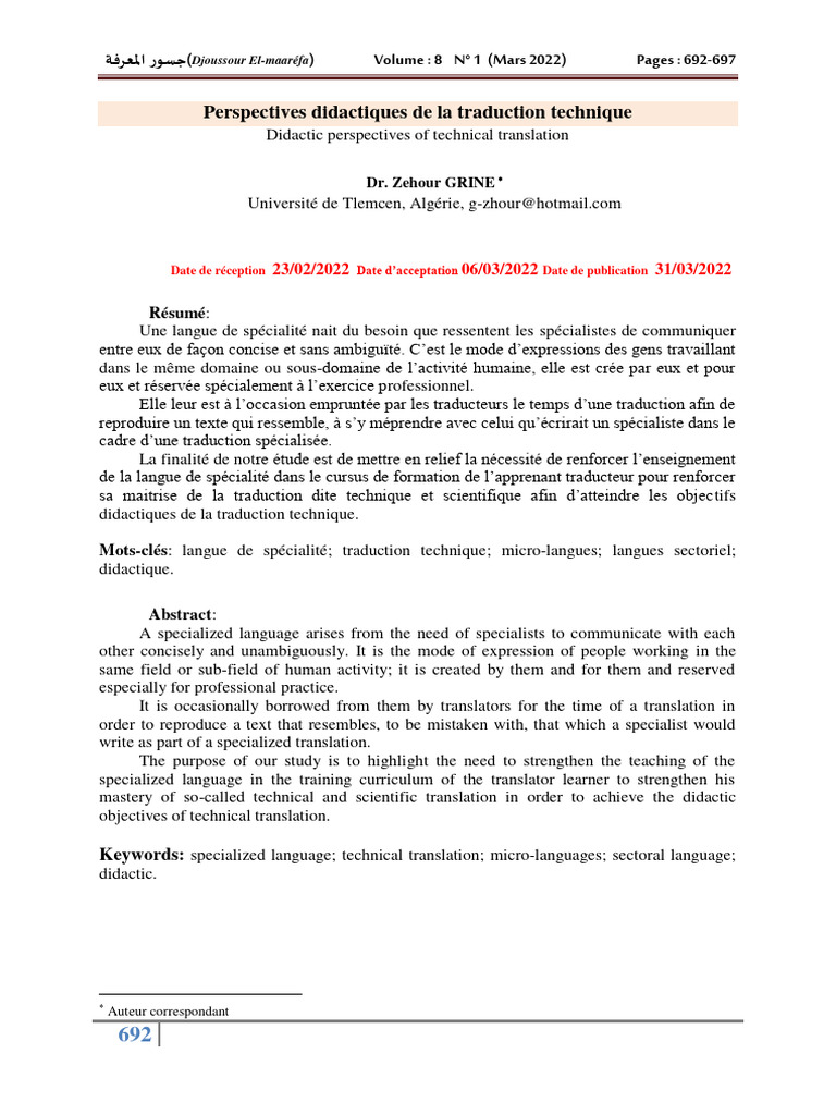 Perspectives didactiques de la traduction technique Didactic perspectives of technical ...