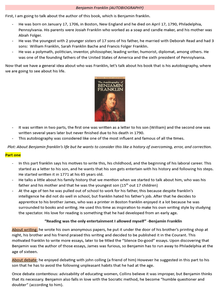 Benjamin Franklin Autobiography | PDF | Benjamin Franklin | Virtue Benjamin Franklin Autobiography | PDF | Benjamin Franklin | Virtue