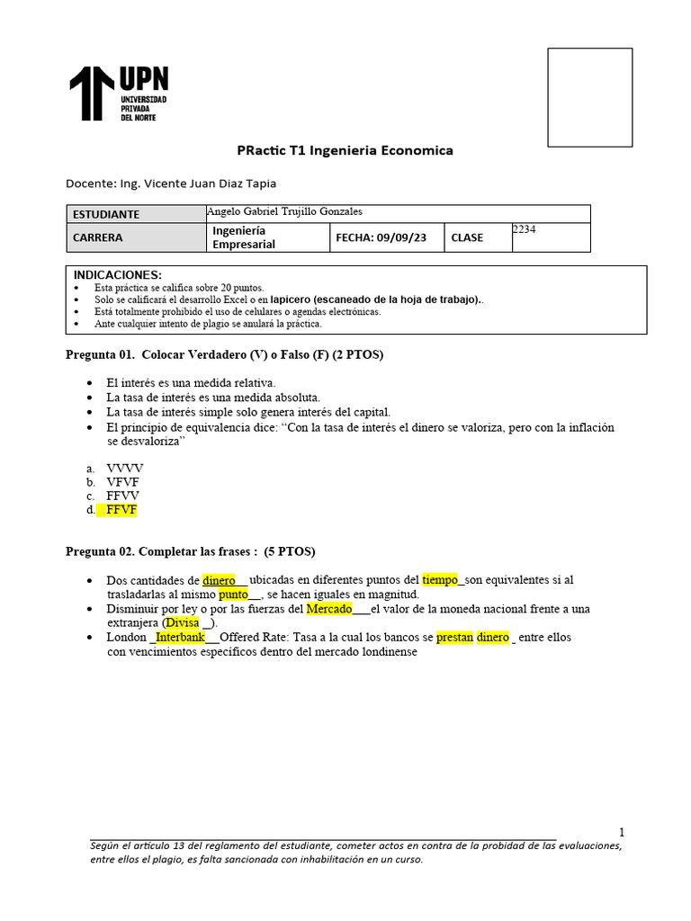 T1 - Ingenieria Economica-2023-2 Angelo Trujillo Gonzales | PDF ...